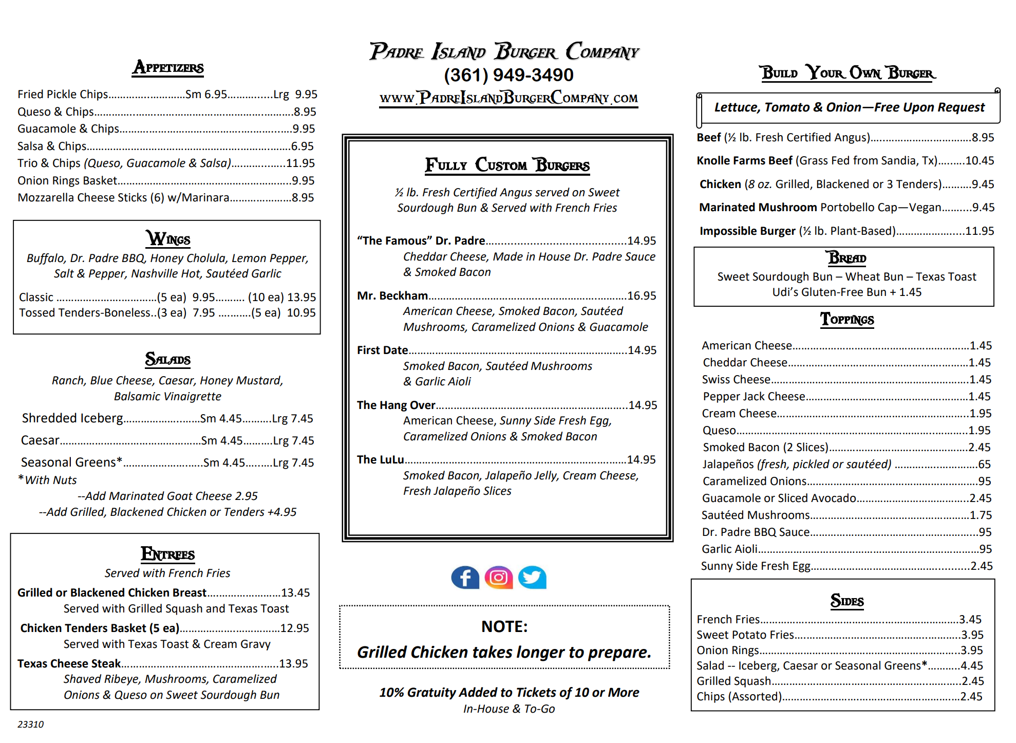 Menu - Padre Island Burger Company