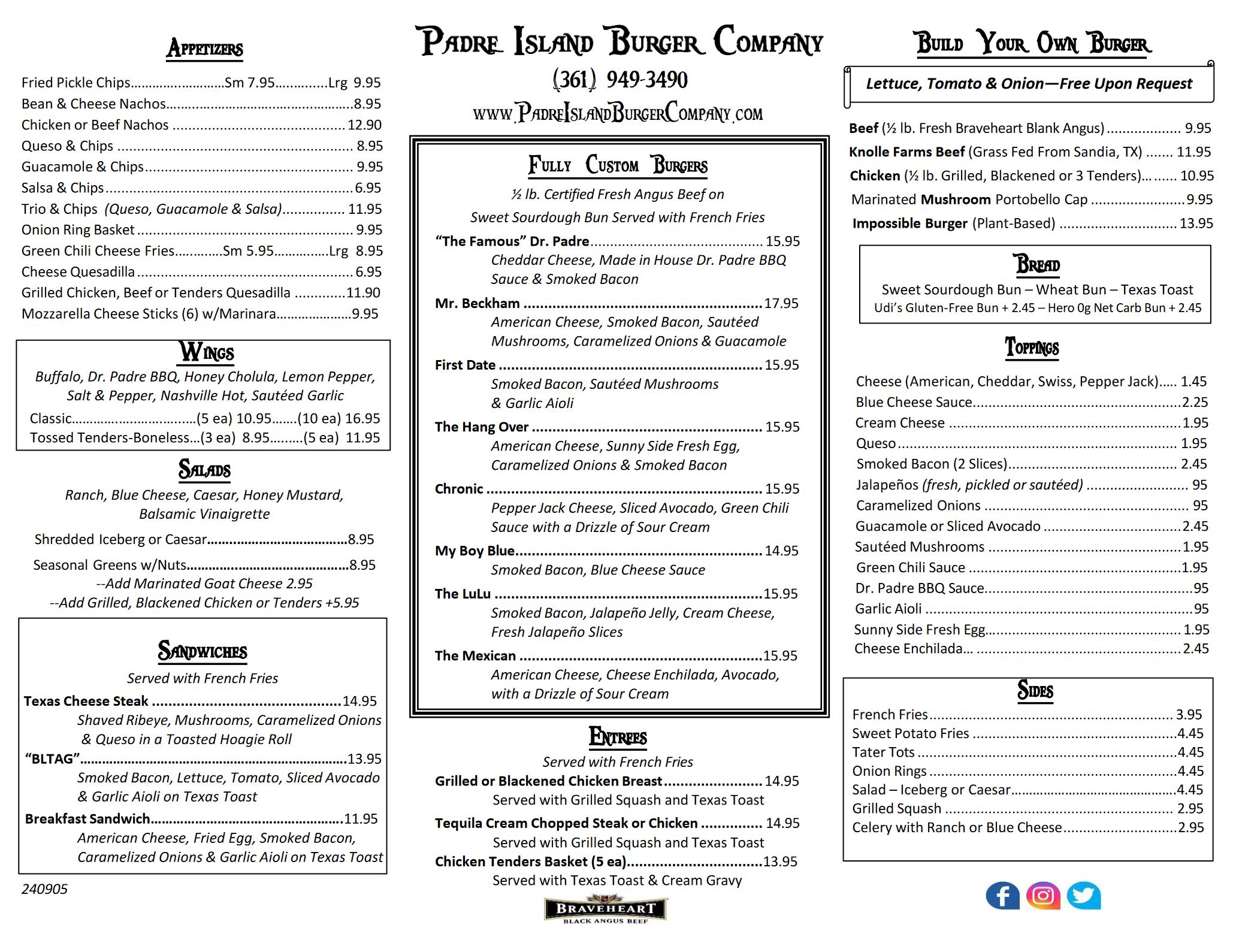 Menu - Padre Island Burger Company